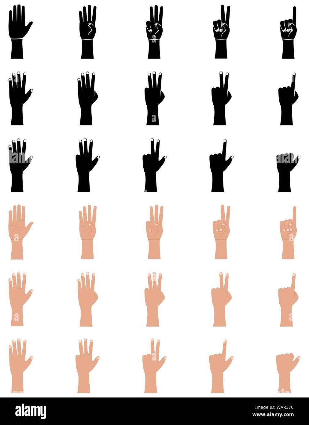 Hand gestures icons set in flat and glyph style. Palm and wrist. One, two, three, four, five ...