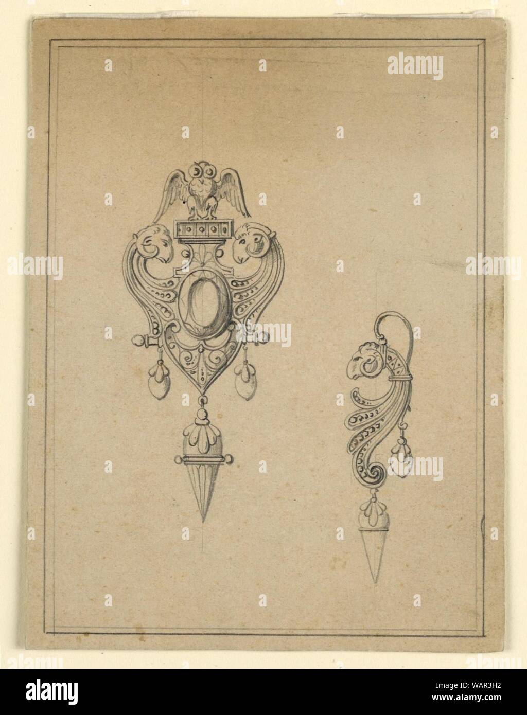 Drawing, Design for a brooch with earring with ram's heads, 1870–75 ...