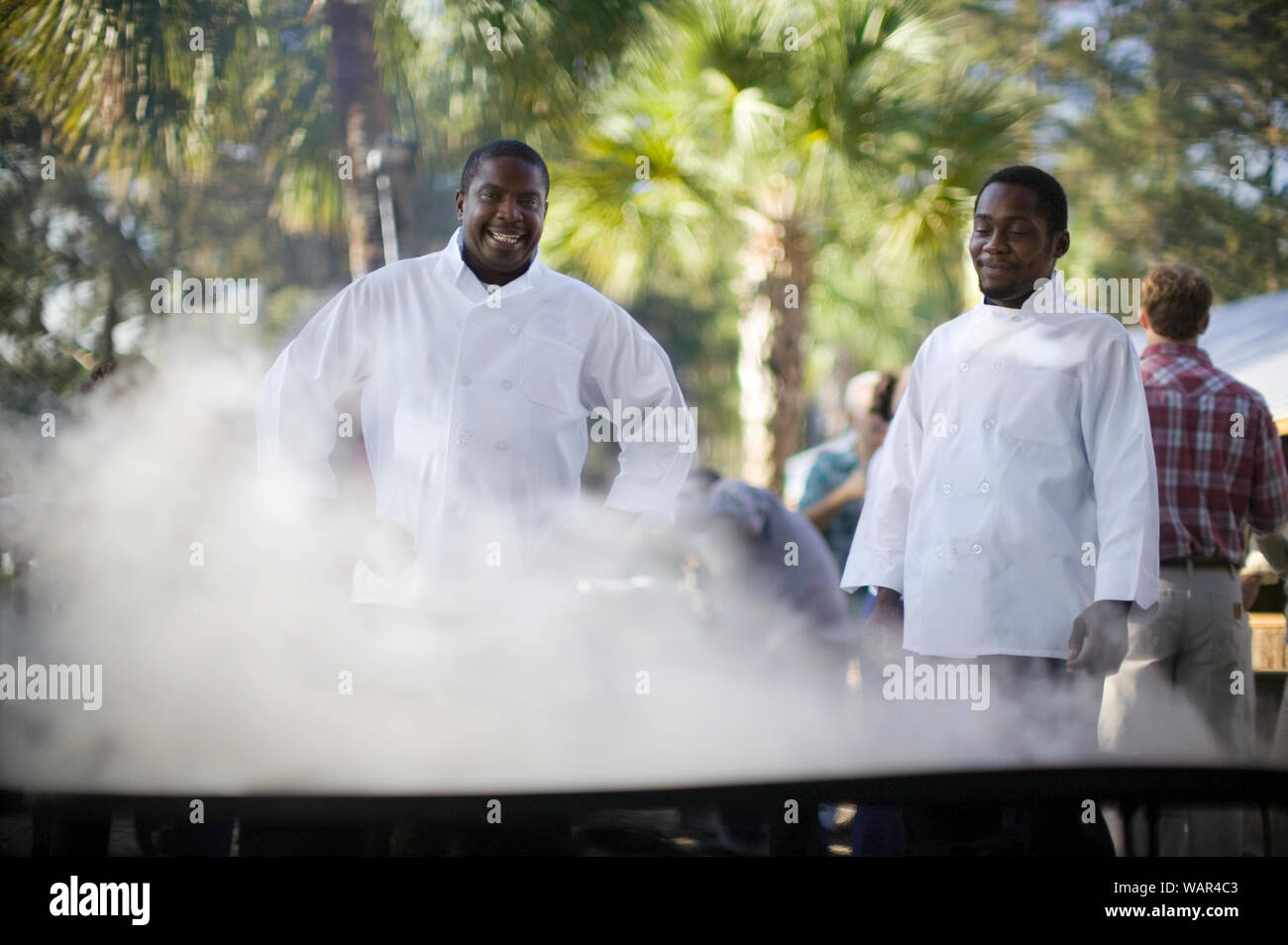 Portrait of mid-adult male chefs overseeing steaming shellfish Stock ...