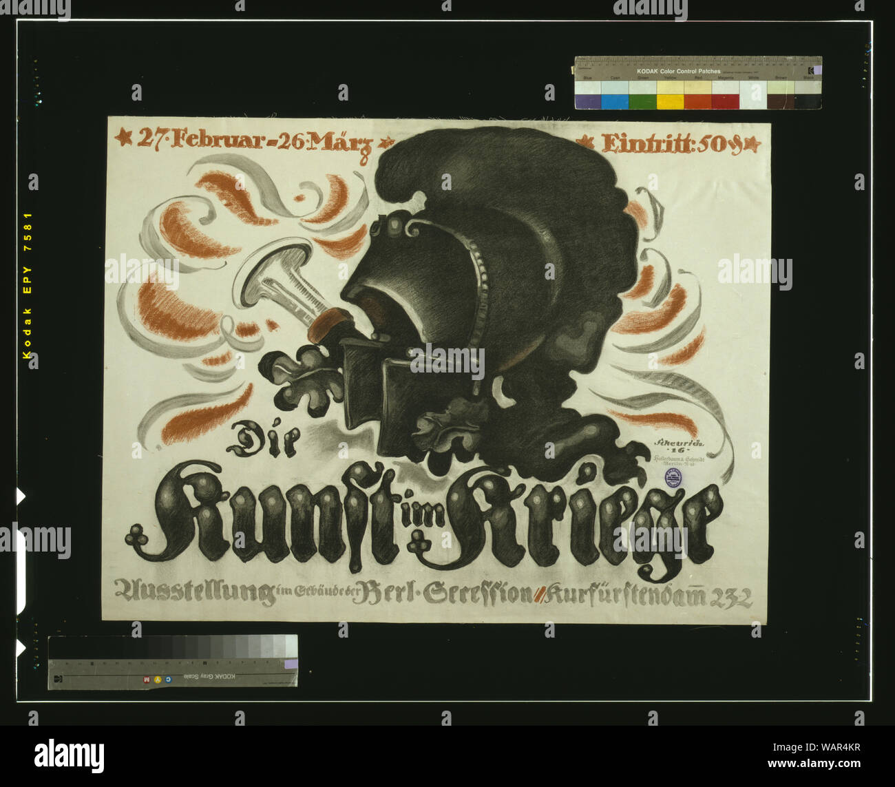 Die Kunst im Krieg Abstract: Poster shows a large Roman helmet. Text ...