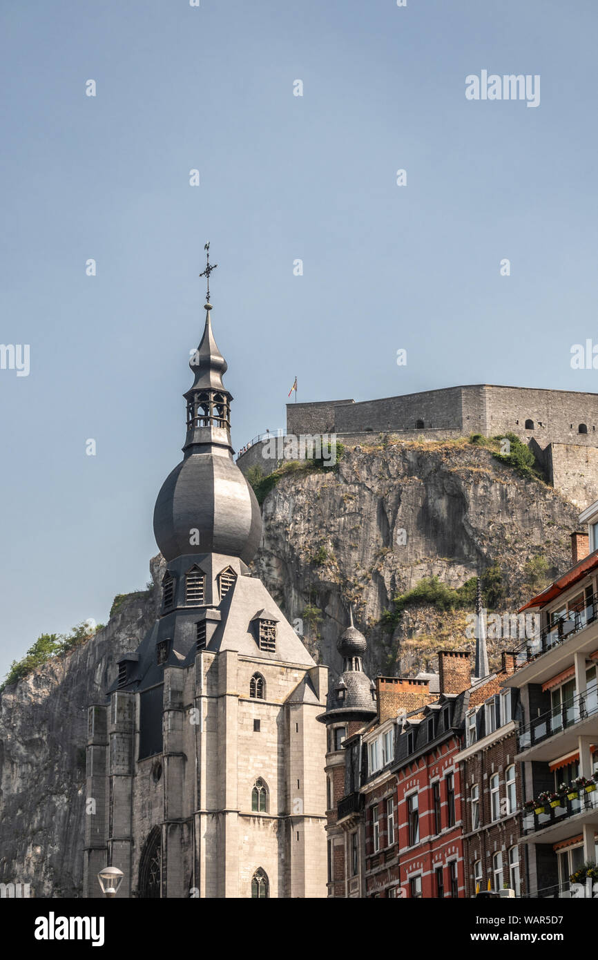 Dinant, Belgium - June 26, 2019: The citadel fort on cliff towers high ...
