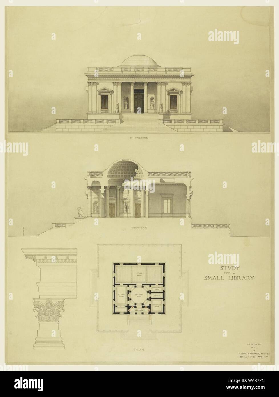 All Sided Elevation And Section Drawing Details Of Library