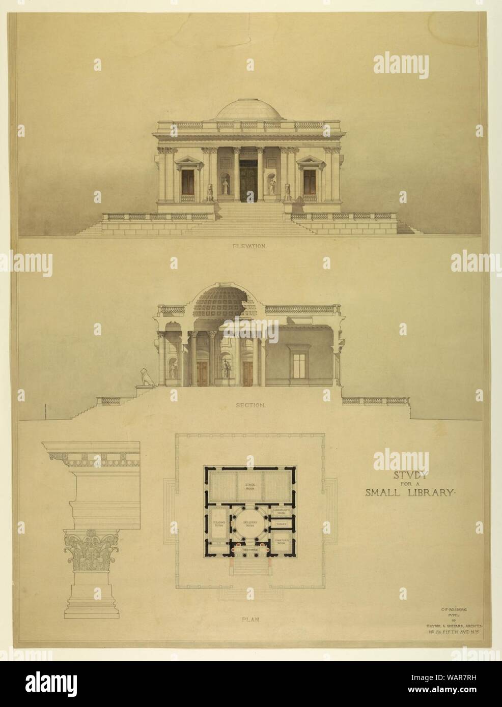 Drawing, Design for a small library- front elevation, section, plan, ca ...
