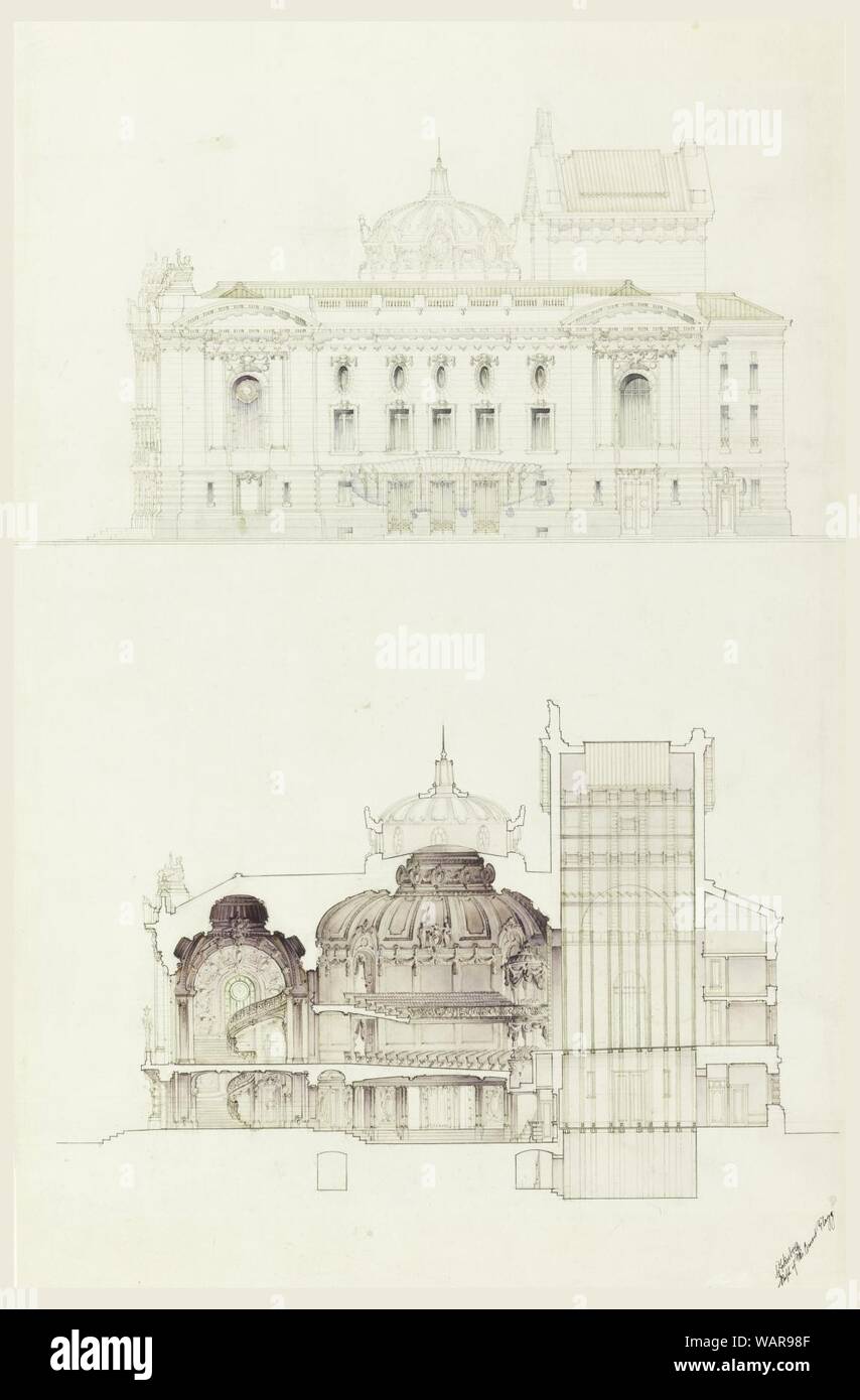 Drawing, Design for an opera house- side elevation and section, ca ...