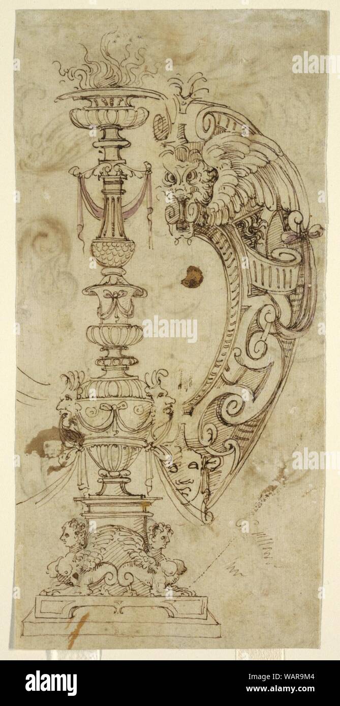 Drawing, Design for Candelabrum Motif and Strapwork Escutcheon, ca ...