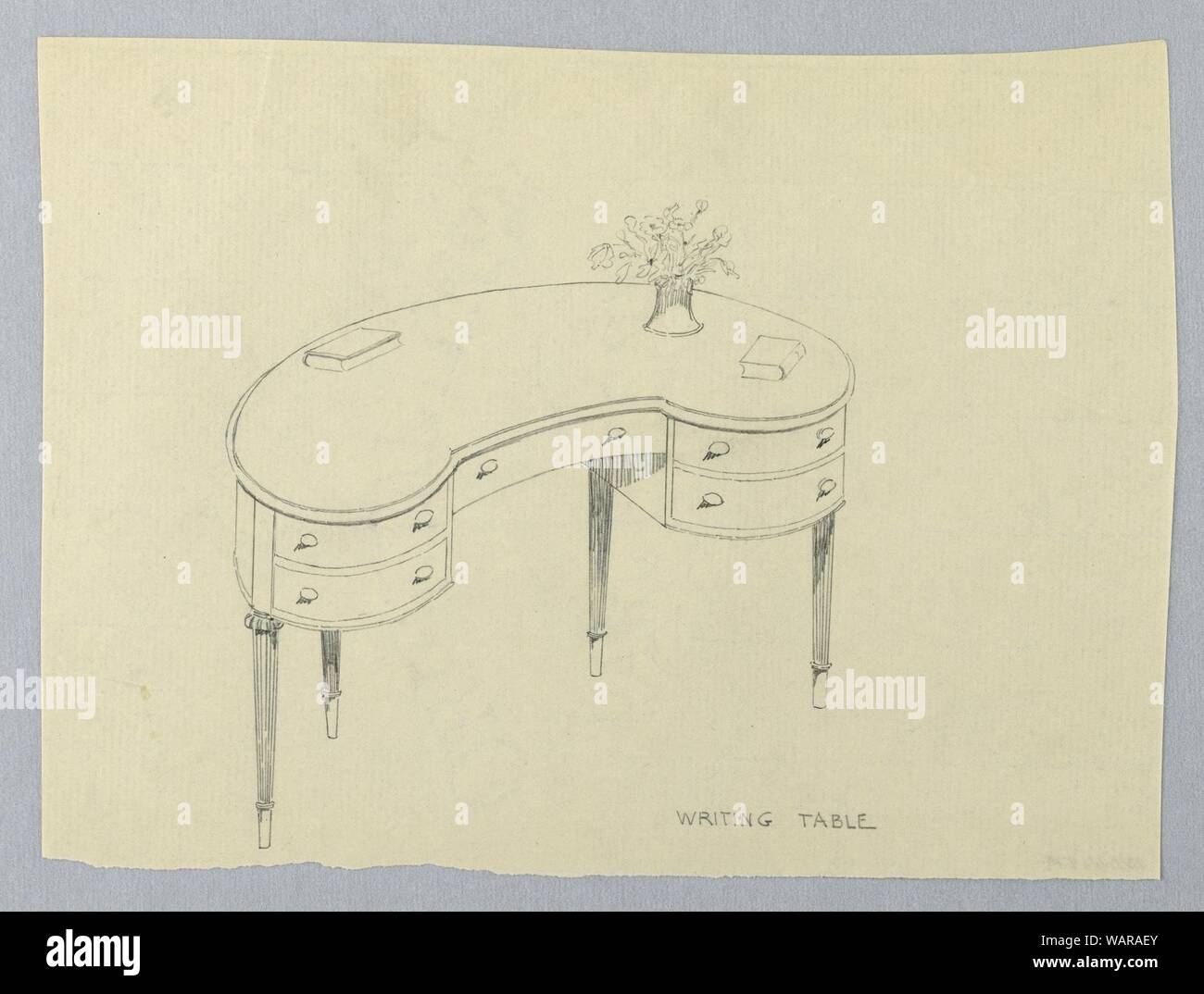 Drawing, Design for Kidney-Shaped Writing Table with Two Books and Vase ...