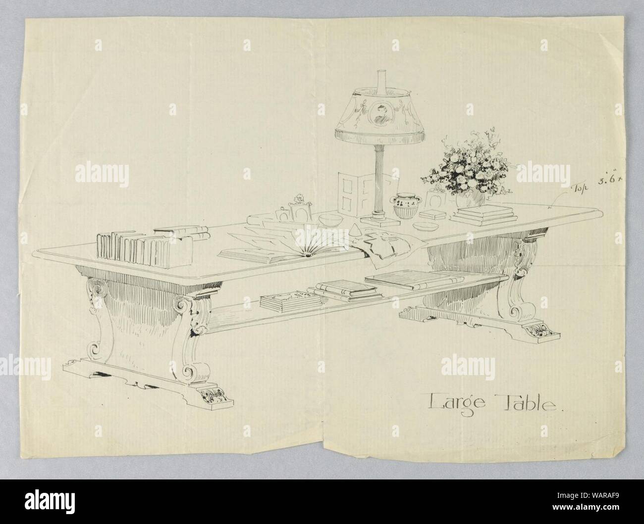 Drawing, Design for Large Library Table with Solid Scrolled Sides and ...