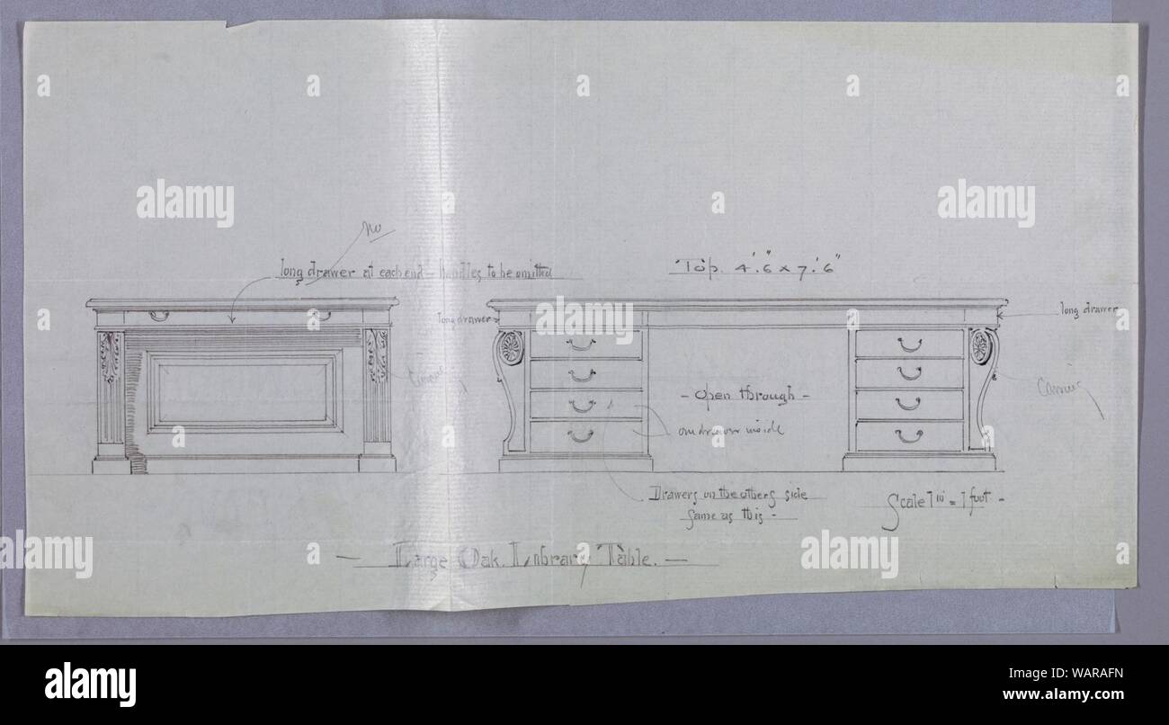 Drawing, Design for Large Oak Library Table in Two Views, 1900–05 Stock ...