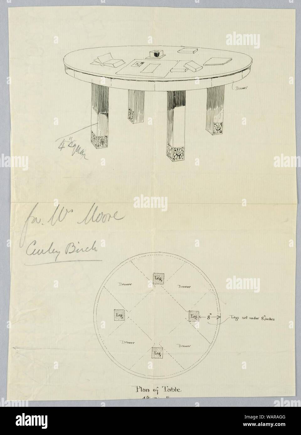 Drawing, Design for Large Livingroom Table in Plan and Elevation, 1900 ...