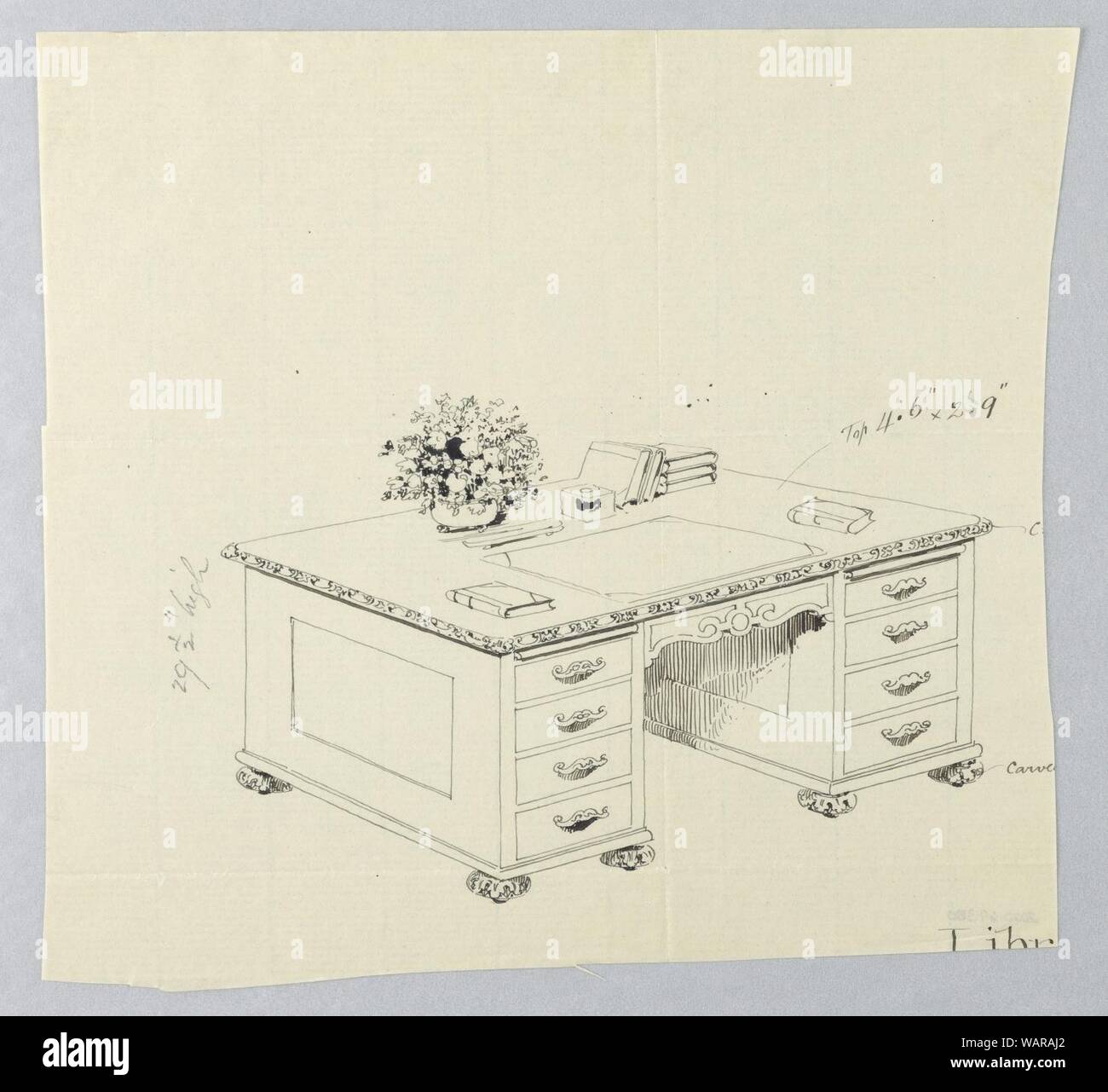Drawing, Design for Library Table with Carved Cushion Feet and Vase of ...