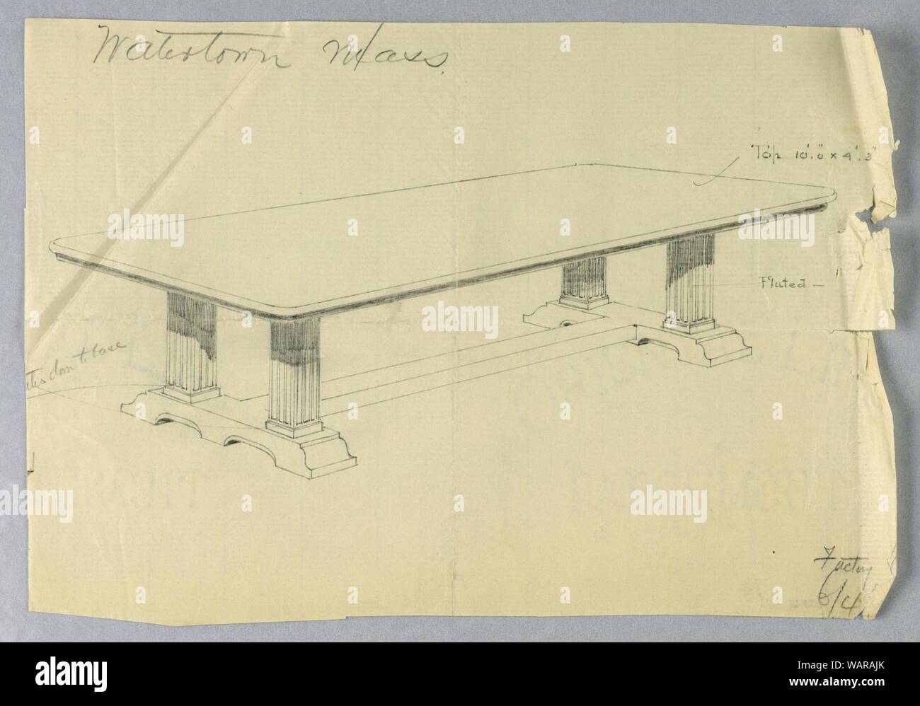 Drawing, Design for Long Library Table with Fluted Columnar Supports ...
