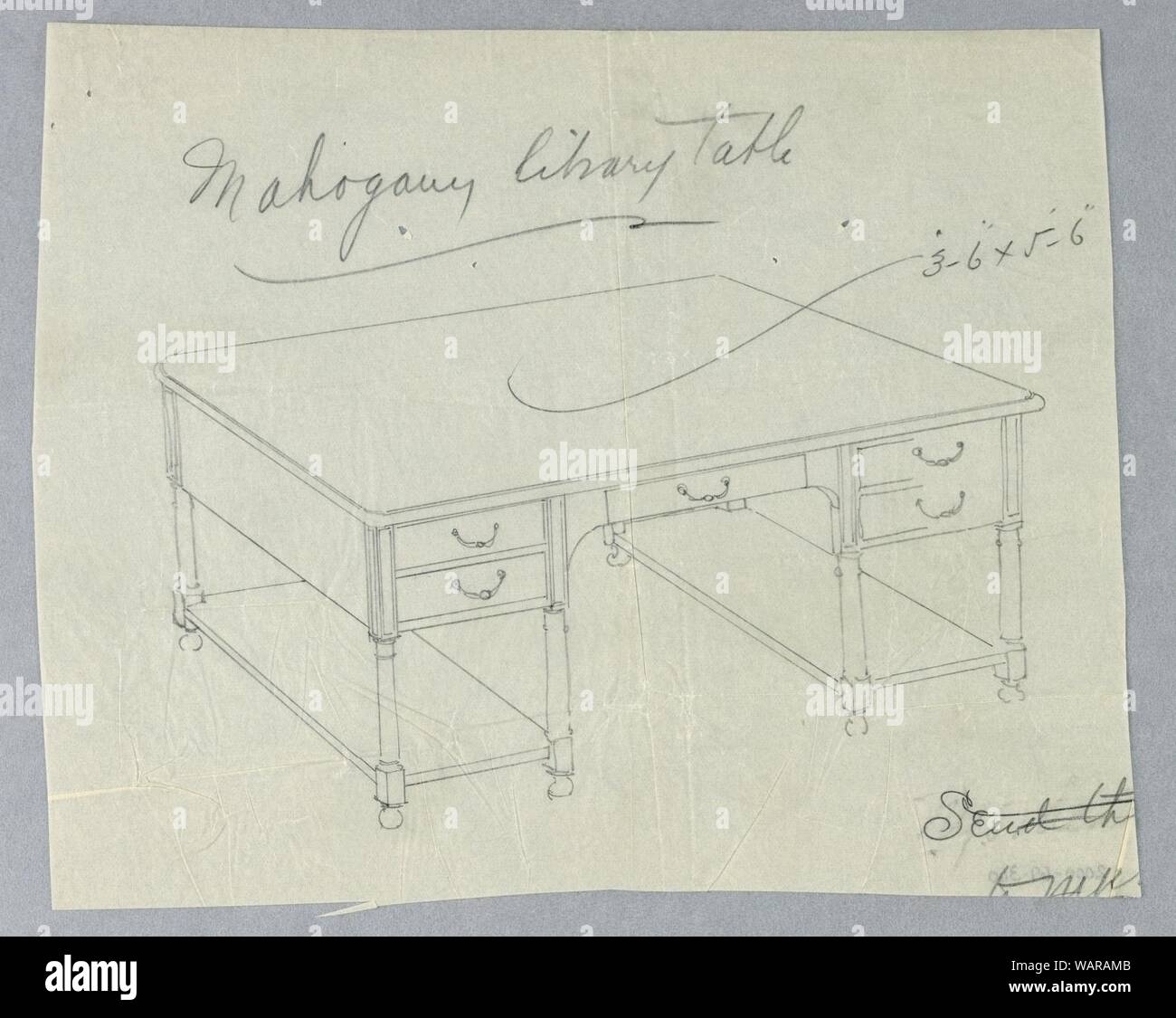 Drawing, Design for Mahogany Library Table with Ball Feet and Five ...