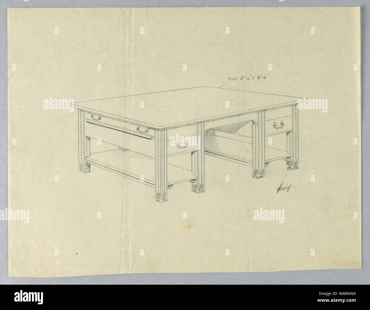 Drawing, Design for Massive Library Table -1 with Open Stretcher ...