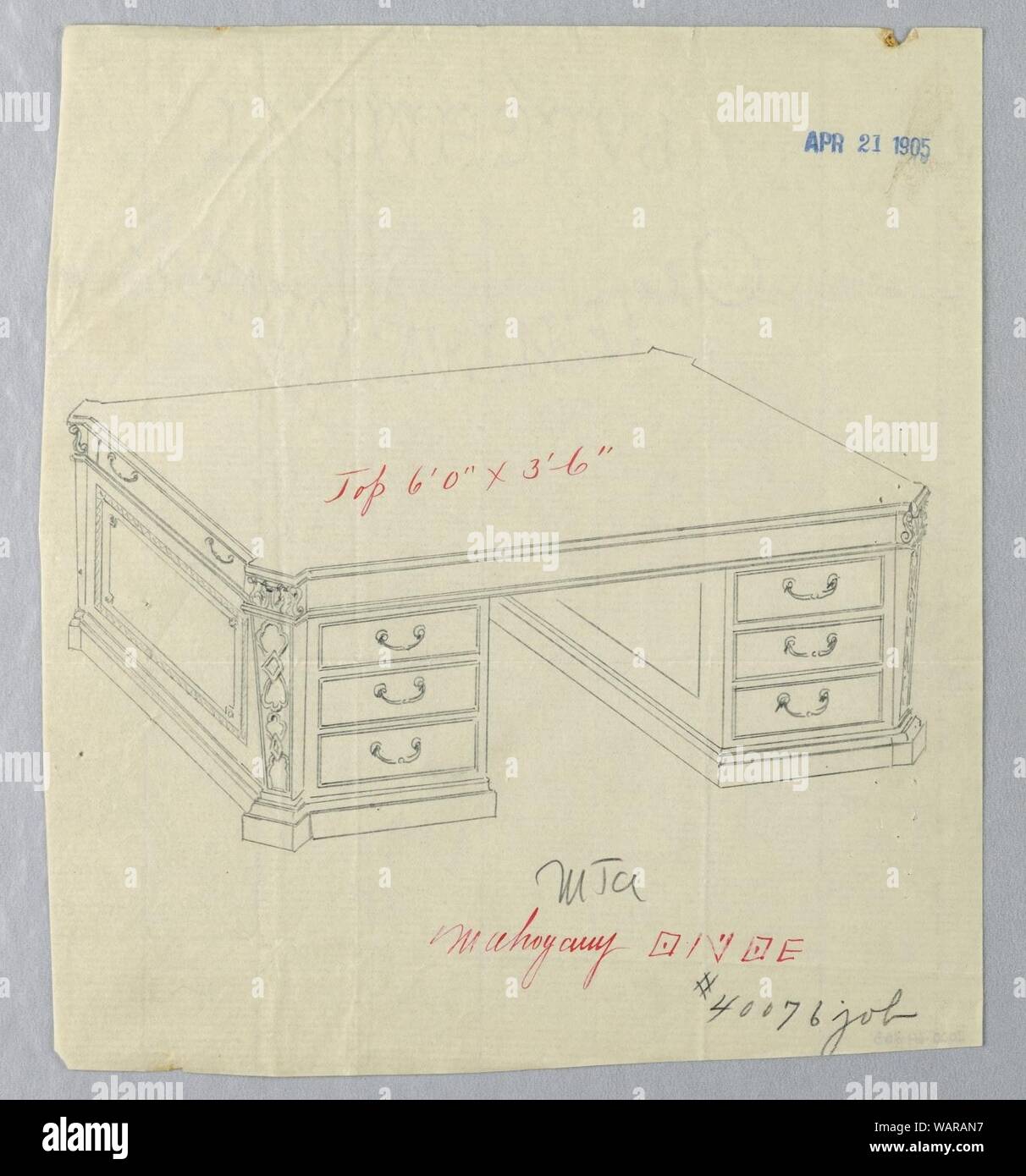 Drawing, Design for Massive Library Table -40076 with Squared Pilaster ...