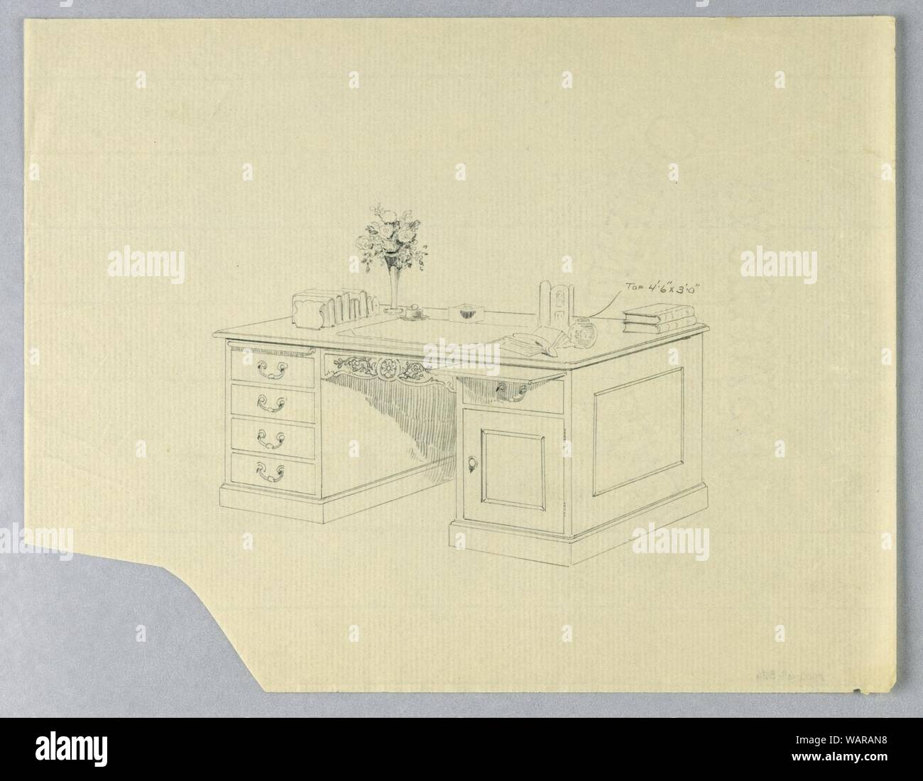 Drawing, Design for Massive Library Table with Carved Floral Roundel ...