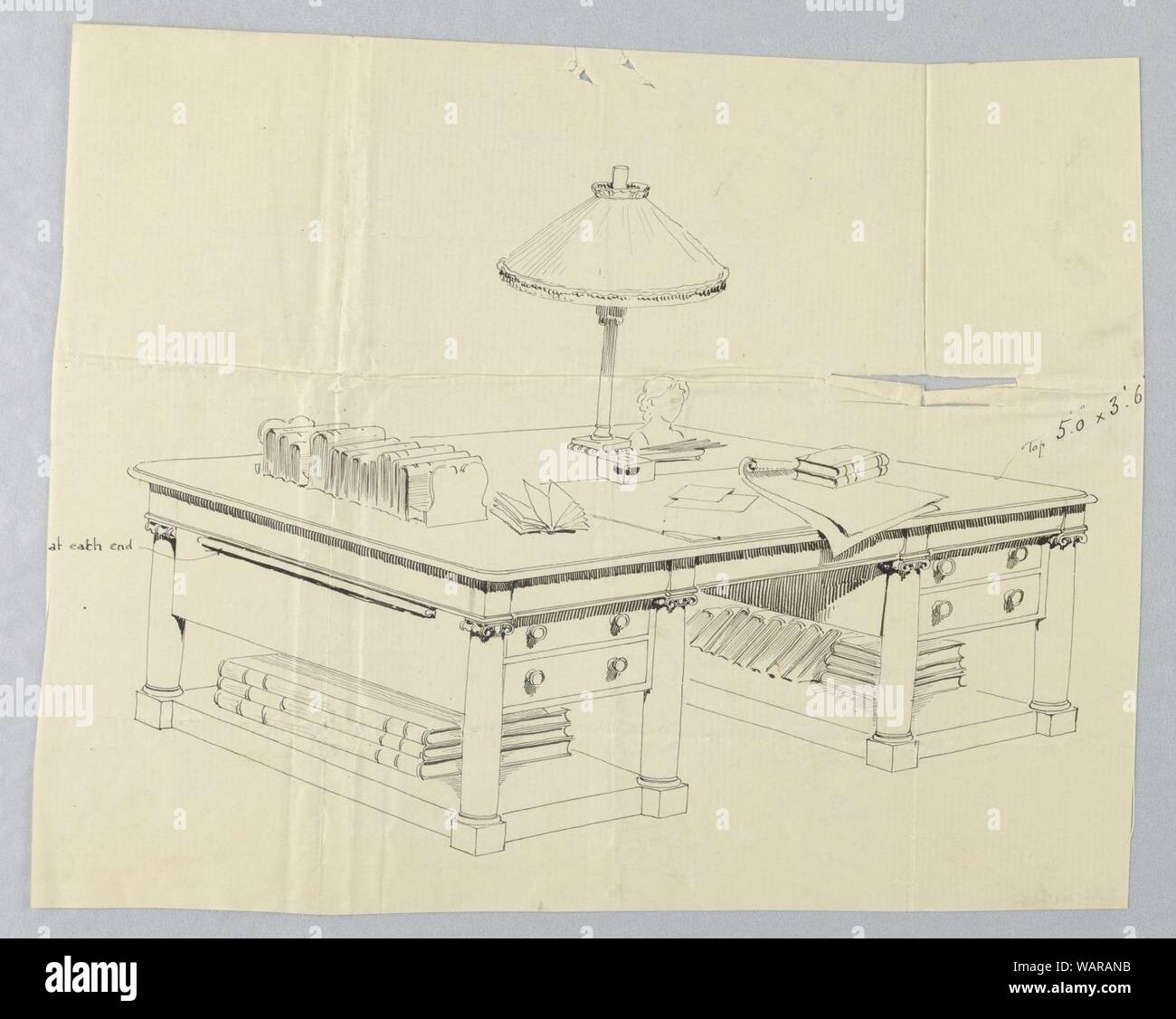 Drawing, Design for Massive Library Table with Ionic Supports and Books ...