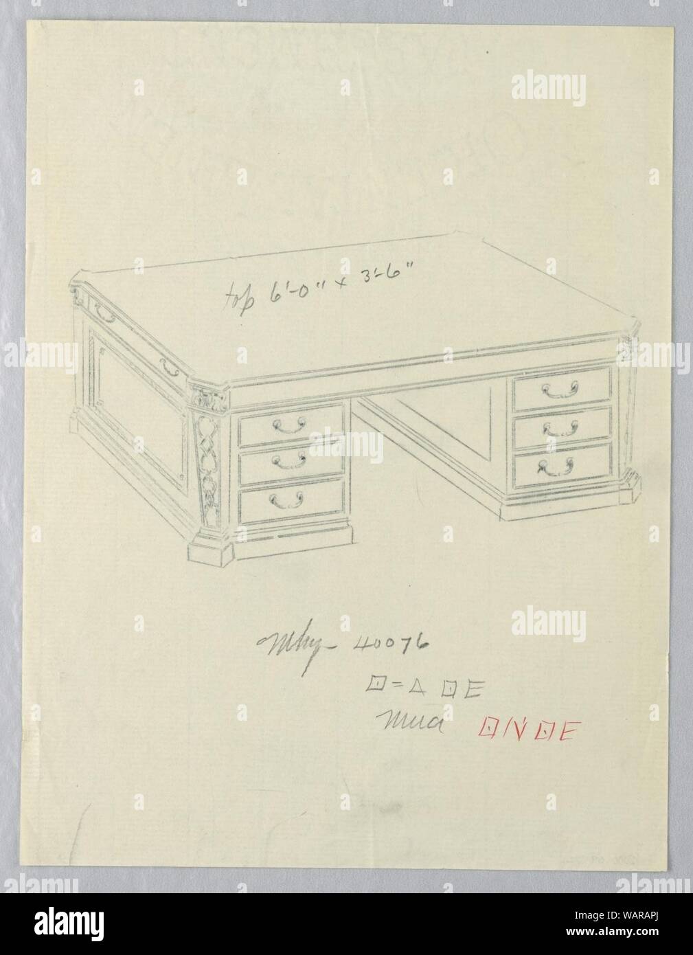 Drawing, Design for Massive Library Table with Squared Pilasters at ...