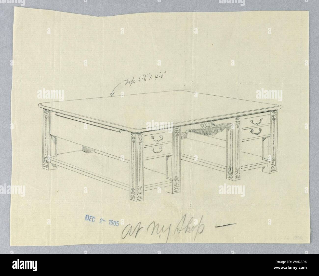 Drawing, Design for Massive Library Table with Two Stretcher Shelves ...