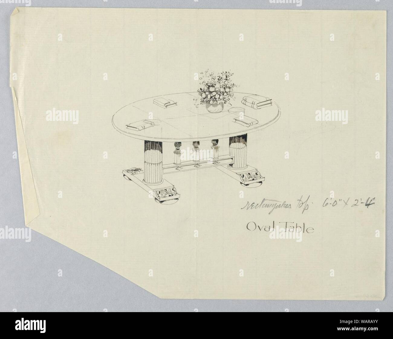 Drawing, Design for Oval Table with Pediment atop Two Fluted Columns ...