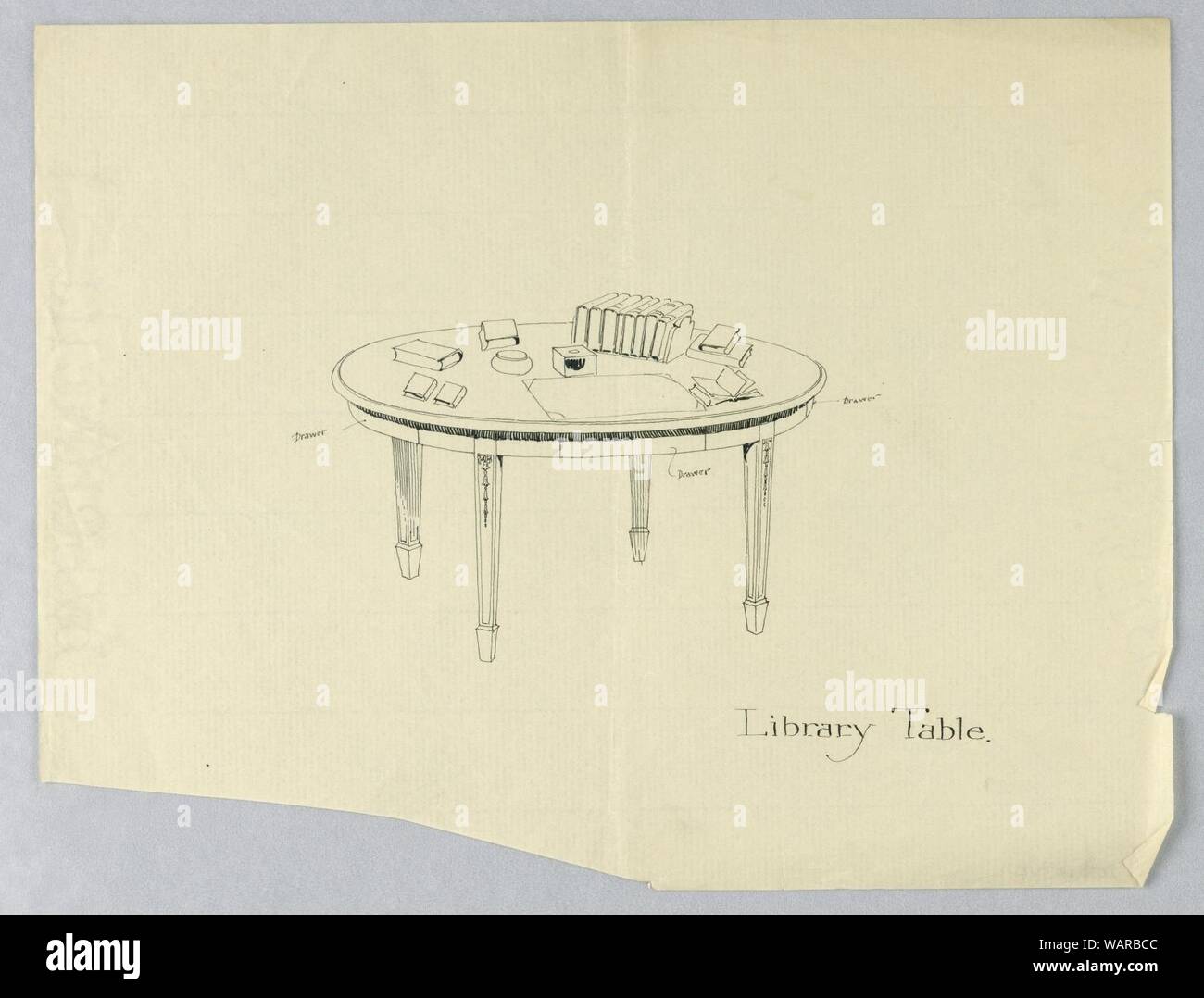 Drawing, Design for Round Library Table with Three Hidden Drawers, 1900 ...