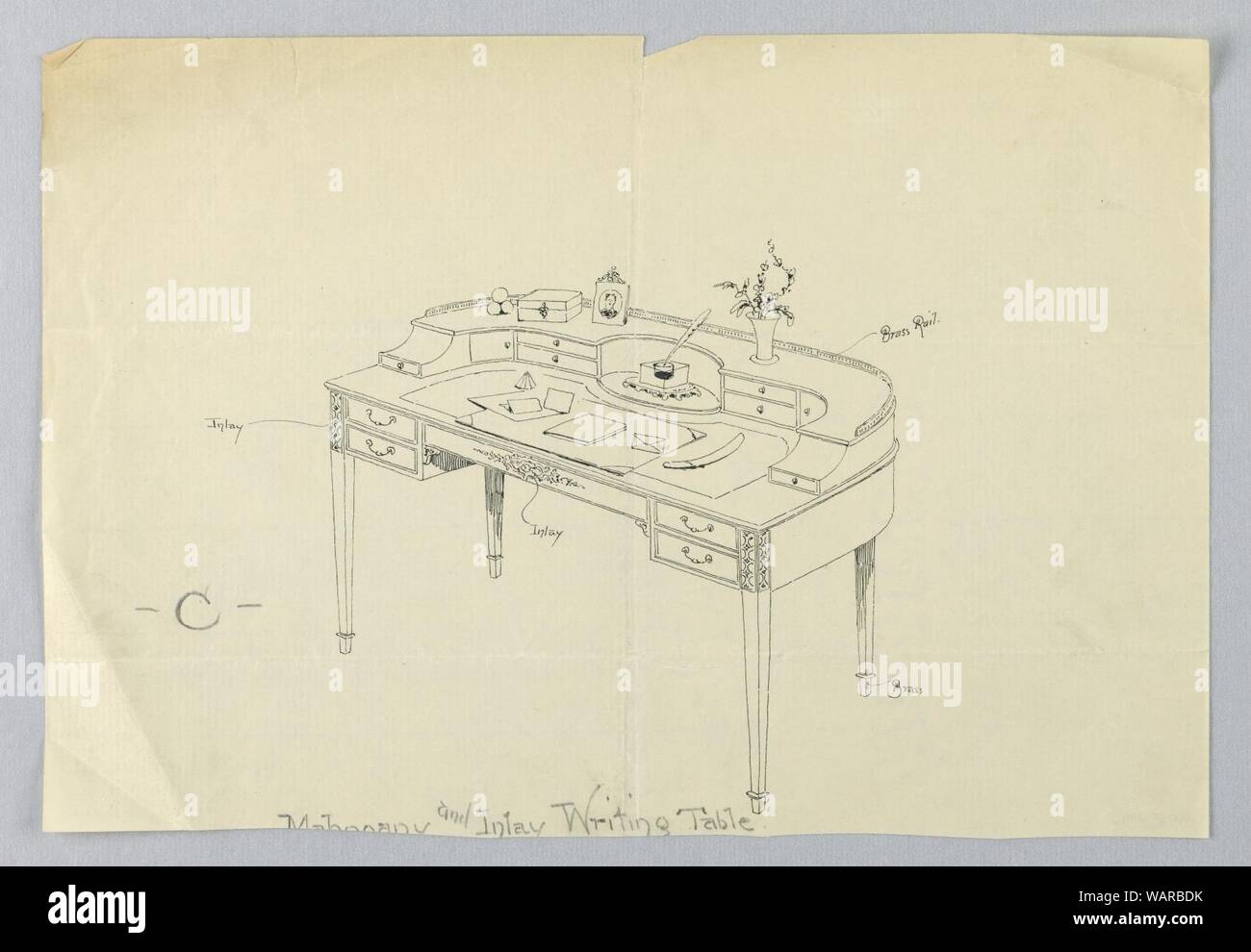 Drawing, Design for Semi-Circular Writing Table ‘C‘ with Brass Feet and ...