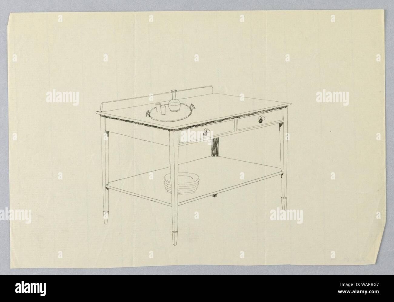 Drawing, Design for Serving Table with Tray and Stack of Plates Atop ...