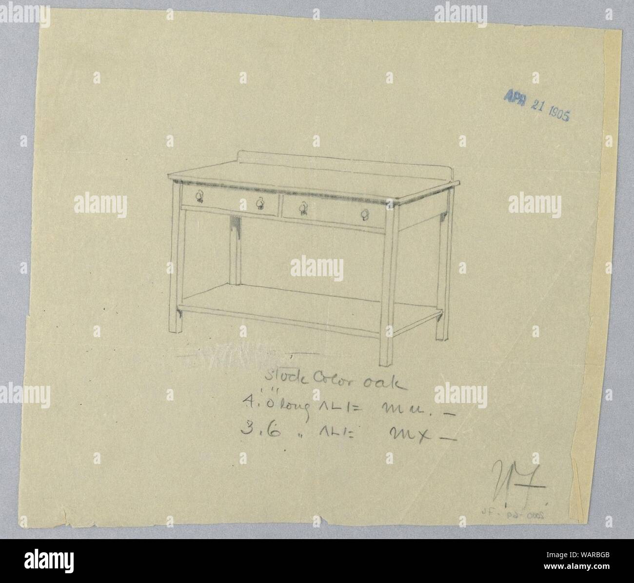 Drawing, Design for Serving Table with Two Drawers with Round Pulls ...