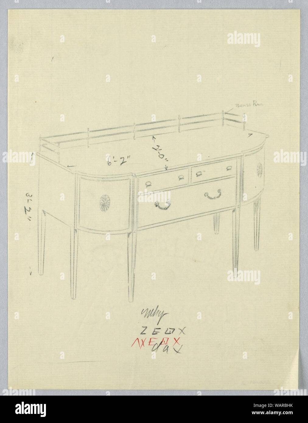 Drawing, Design for Sideboard with Brass Rail and Rounded Corners, 1900 ...