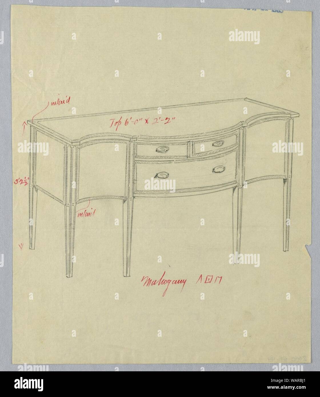 Drawing, Design for Sideboard with Serpentine Front and Three Drawers ...