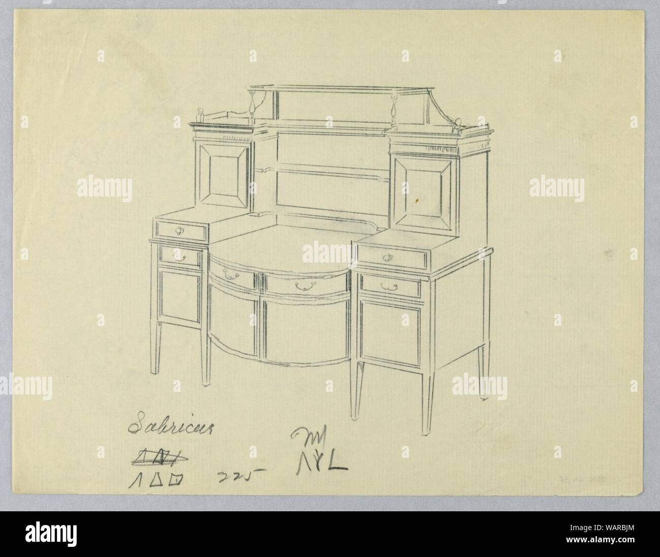 Drawing, Design for Sideboard with Raised Side Cabinets and Upper Shelf ...