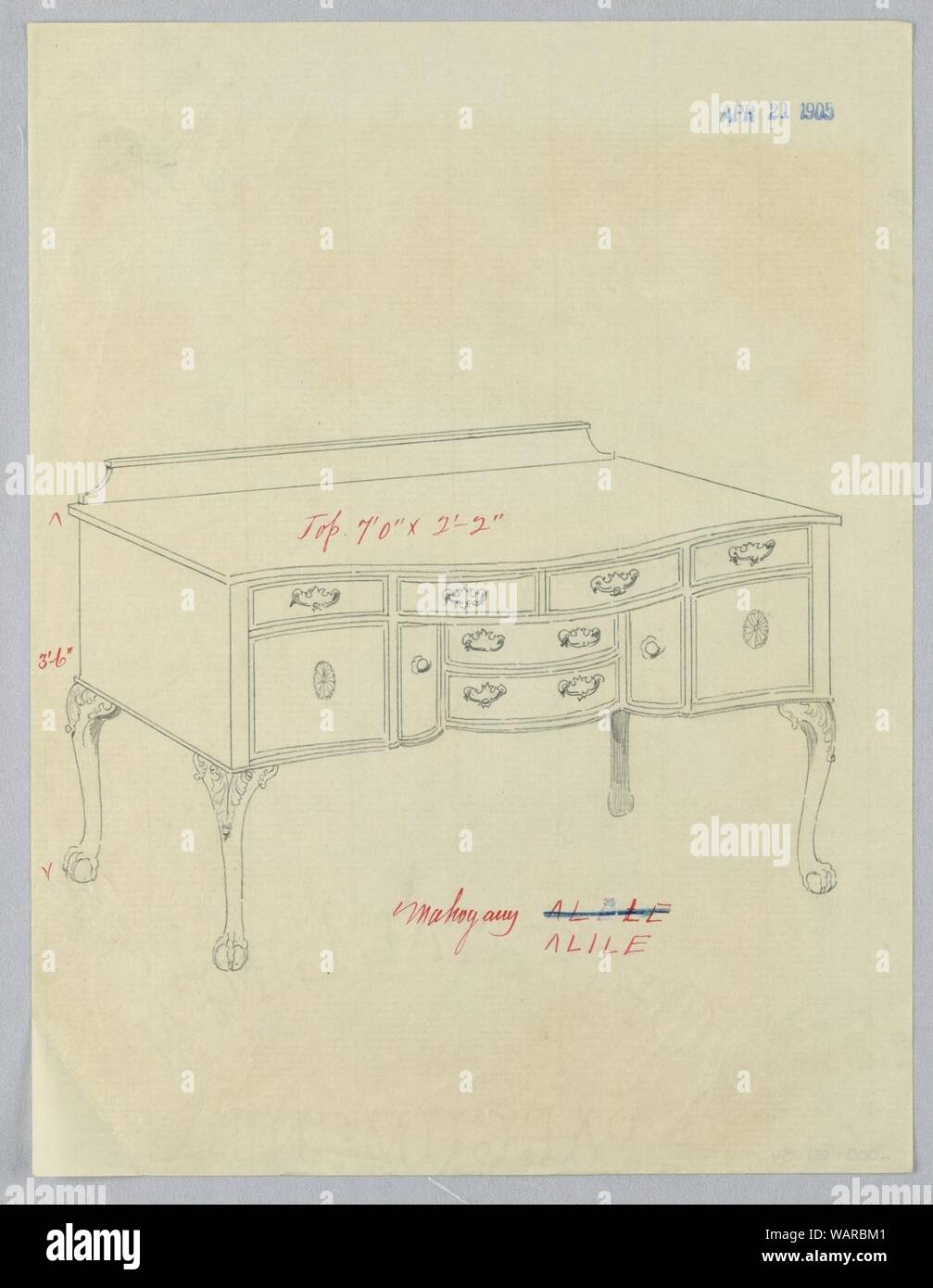 Drawing, Design for Sideboard with Ten Drawers and Ball and Claw Feet ...