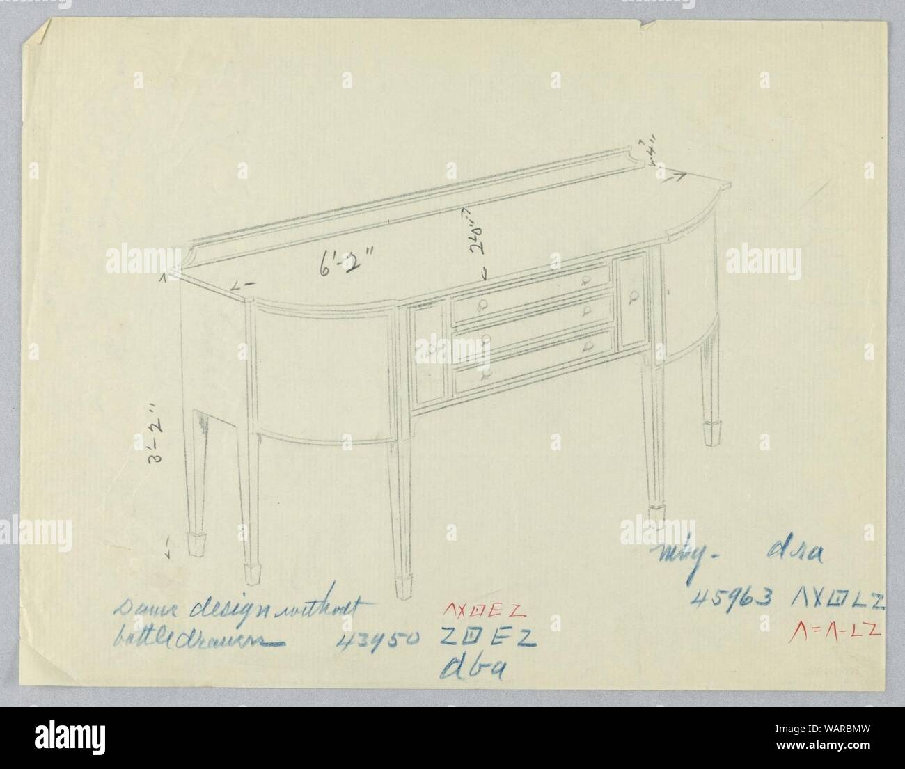 Drawing, Design for Six-legged Sideboard with Rounded Corners and Five ...