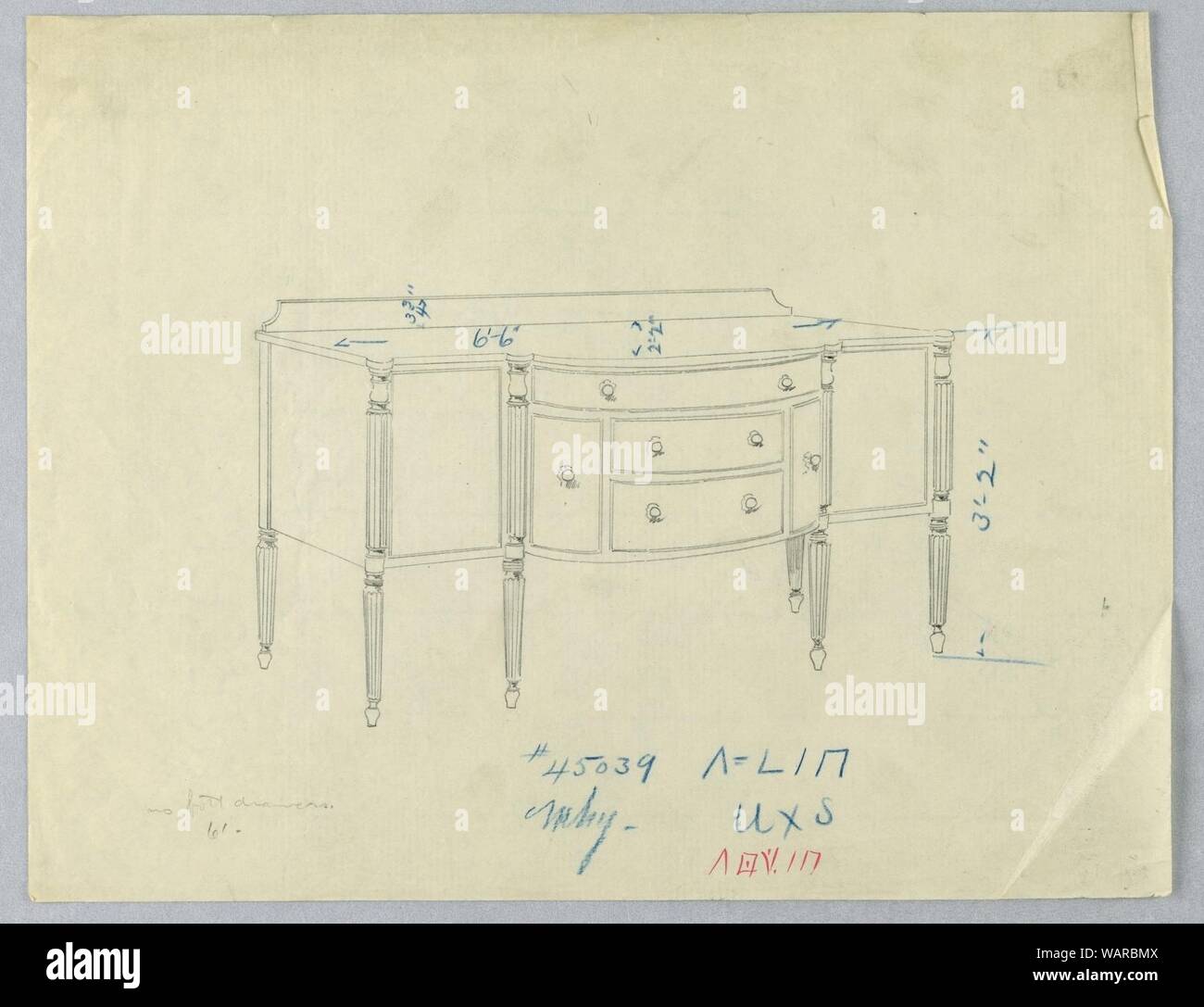Drawing, Design for Six-legged Sideboard with Five Central Drawers ...