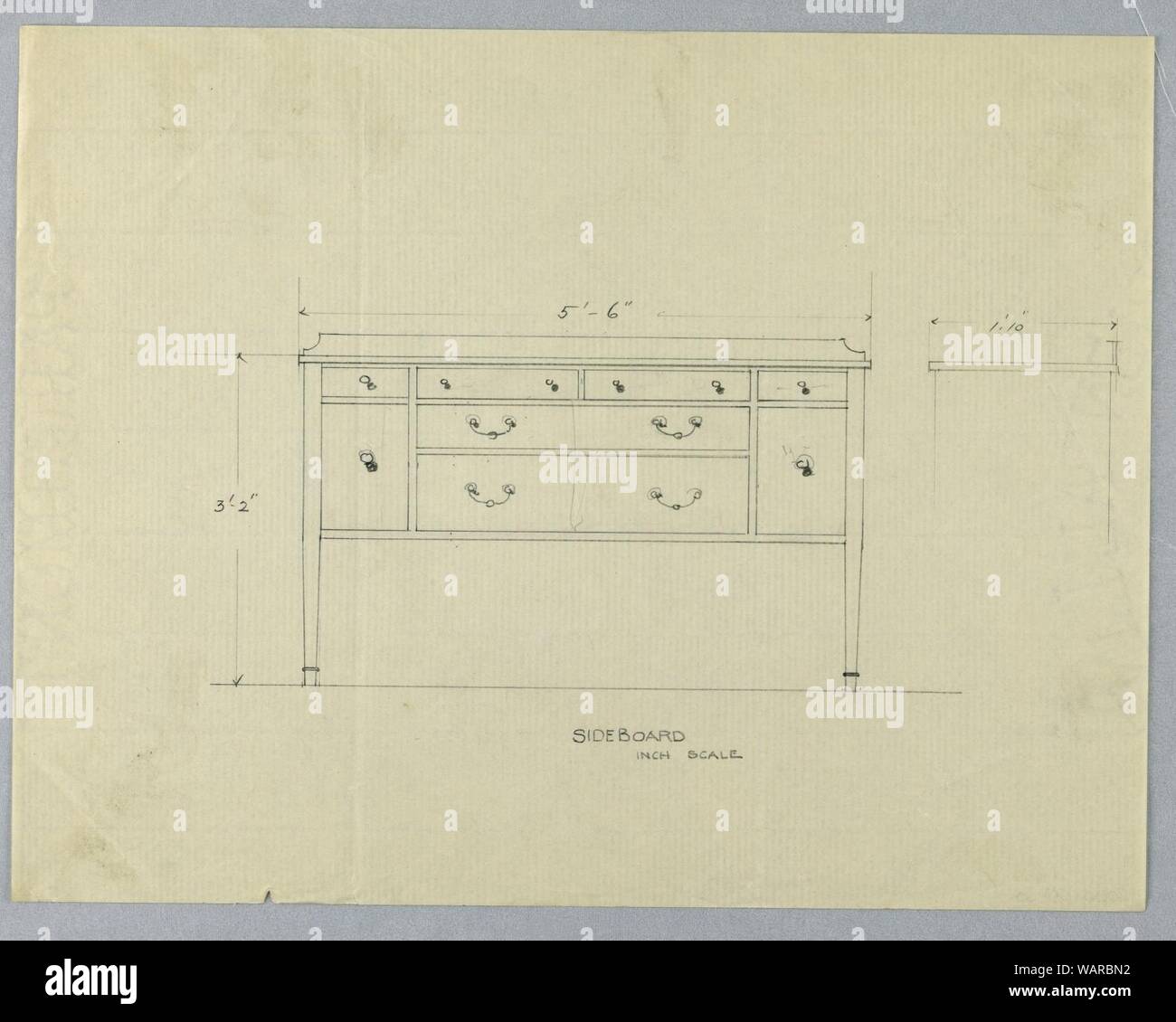 Drawing, Design for Sideboard with Six Drawers in Plan and Elevation ...