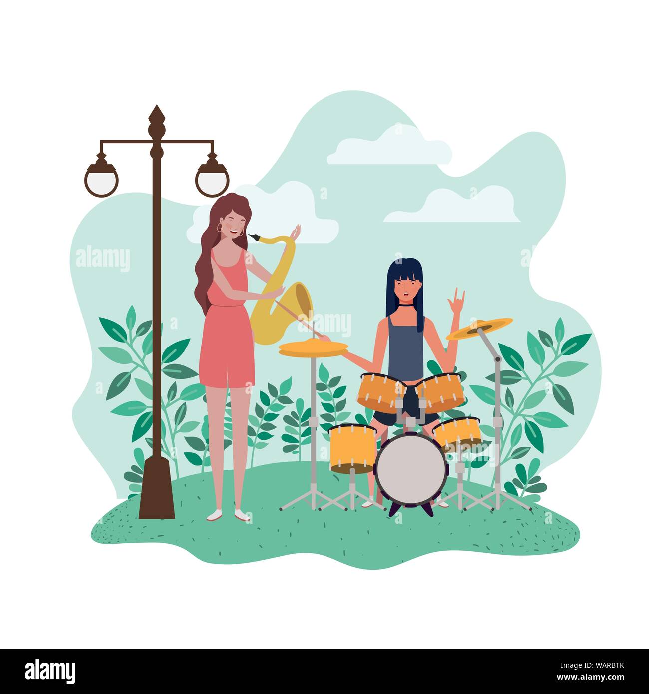 women with musical instruments and background landscape Stock Vector ...