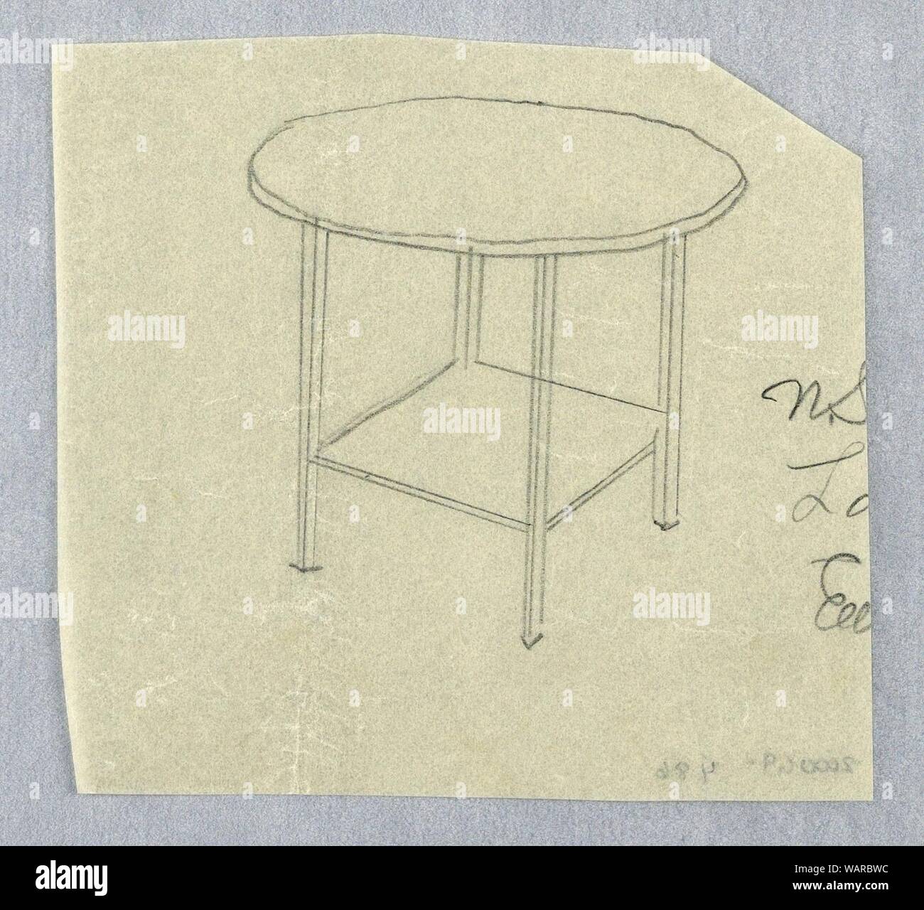 Drawing, Design for Small Round Table with Square Shelf and Square Legs ...