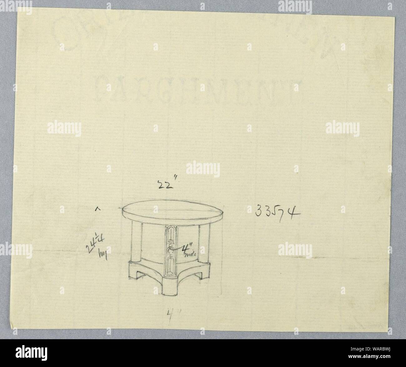 Drawing, Design for Small Round Table with Three Square Carved Legs ...