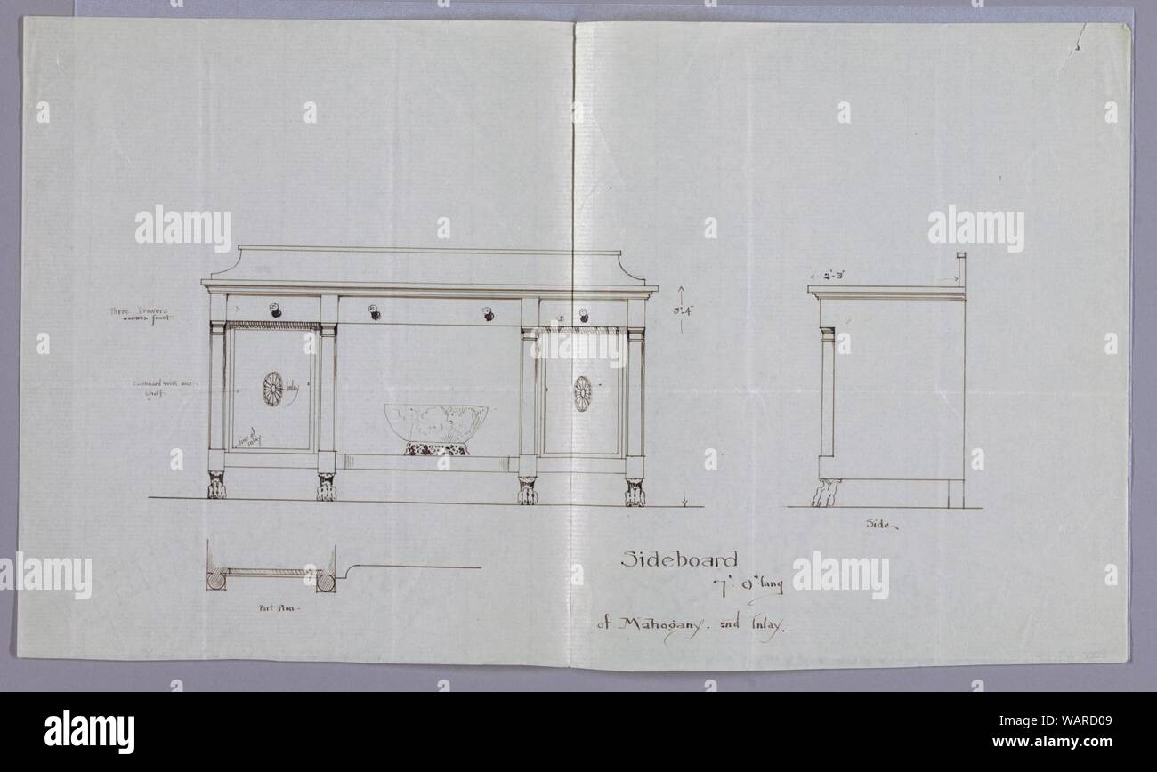 Drawing, Design in Three Views for Mahogany and Inlay Sideboard, 1900 ...