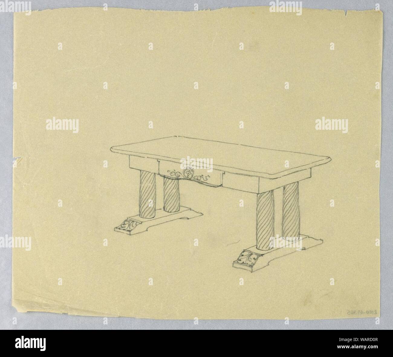 Drawing, Design Sketch for Library Table with Carved Columnar Legs on ...