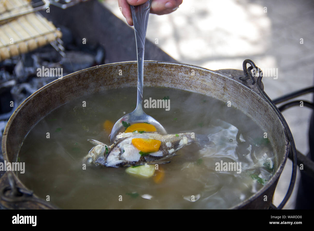 cauldron with an ear at the stake. Fish, potatoes, carrots in a spoon ... cauldron with an ear at the stake. Fish, potatoes, carrots in a spoon ...