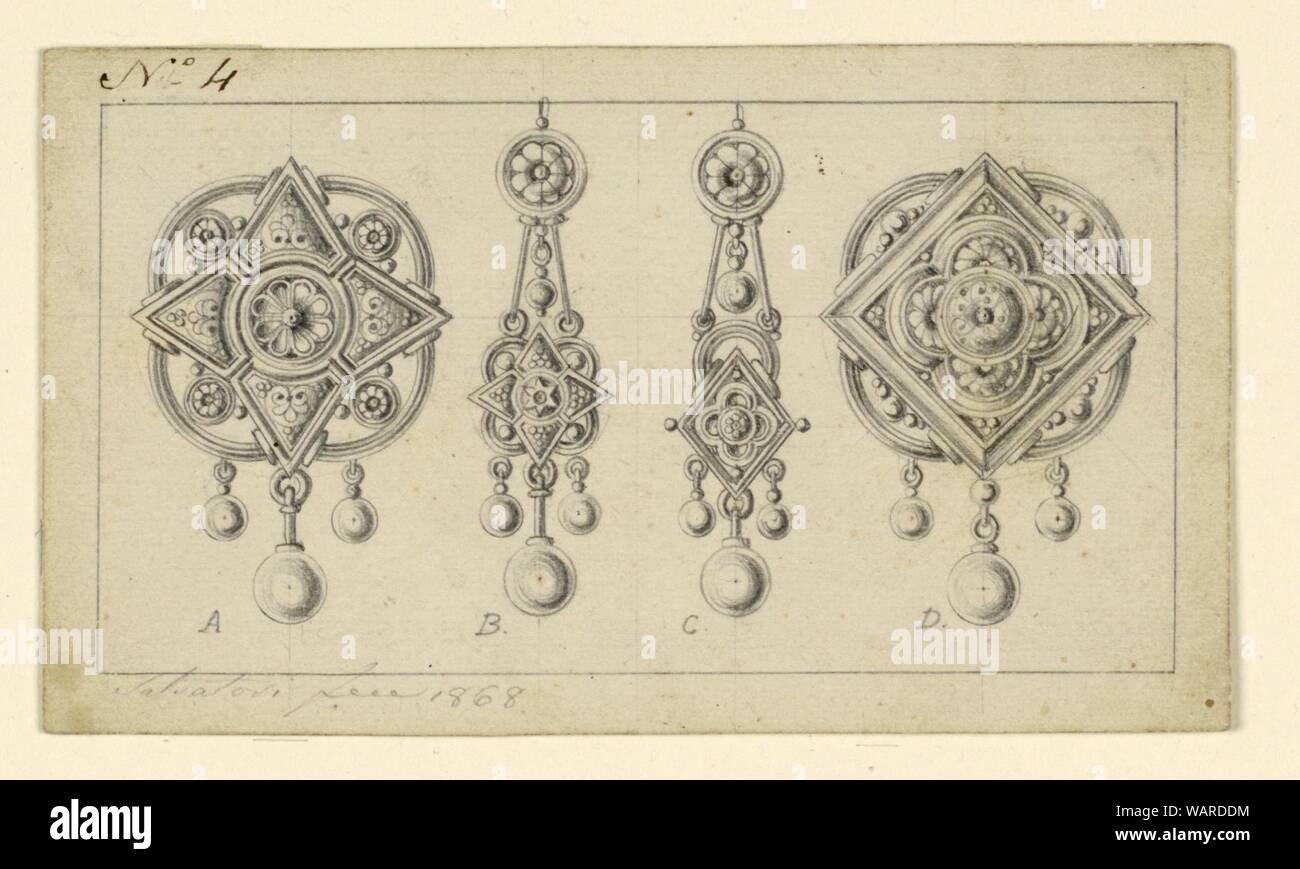 Drawing, Designs for two earrings and two brooches, ca. 1875 Stock ...