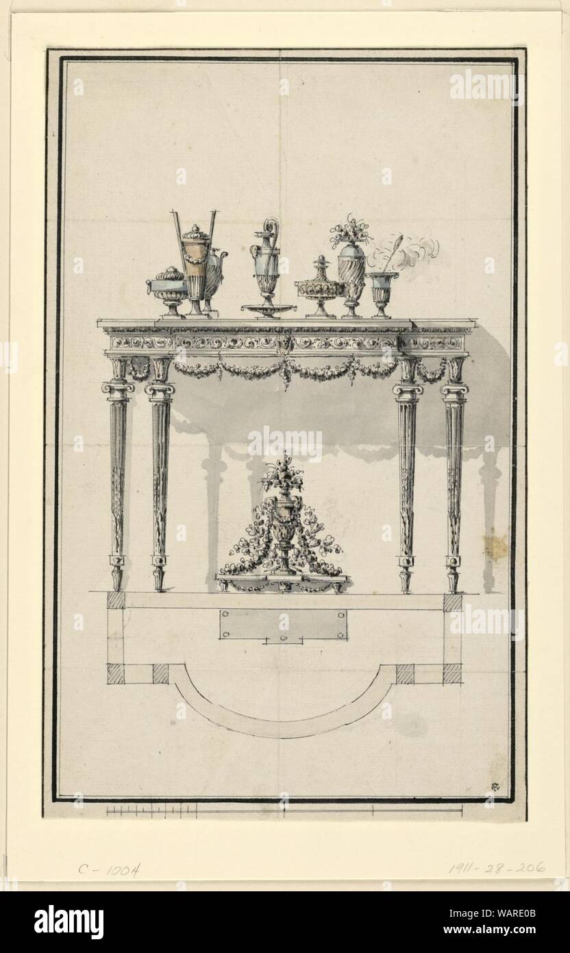 Drawing, Elevation and Plan for a Side Table with Covered Dishes, Urns ...