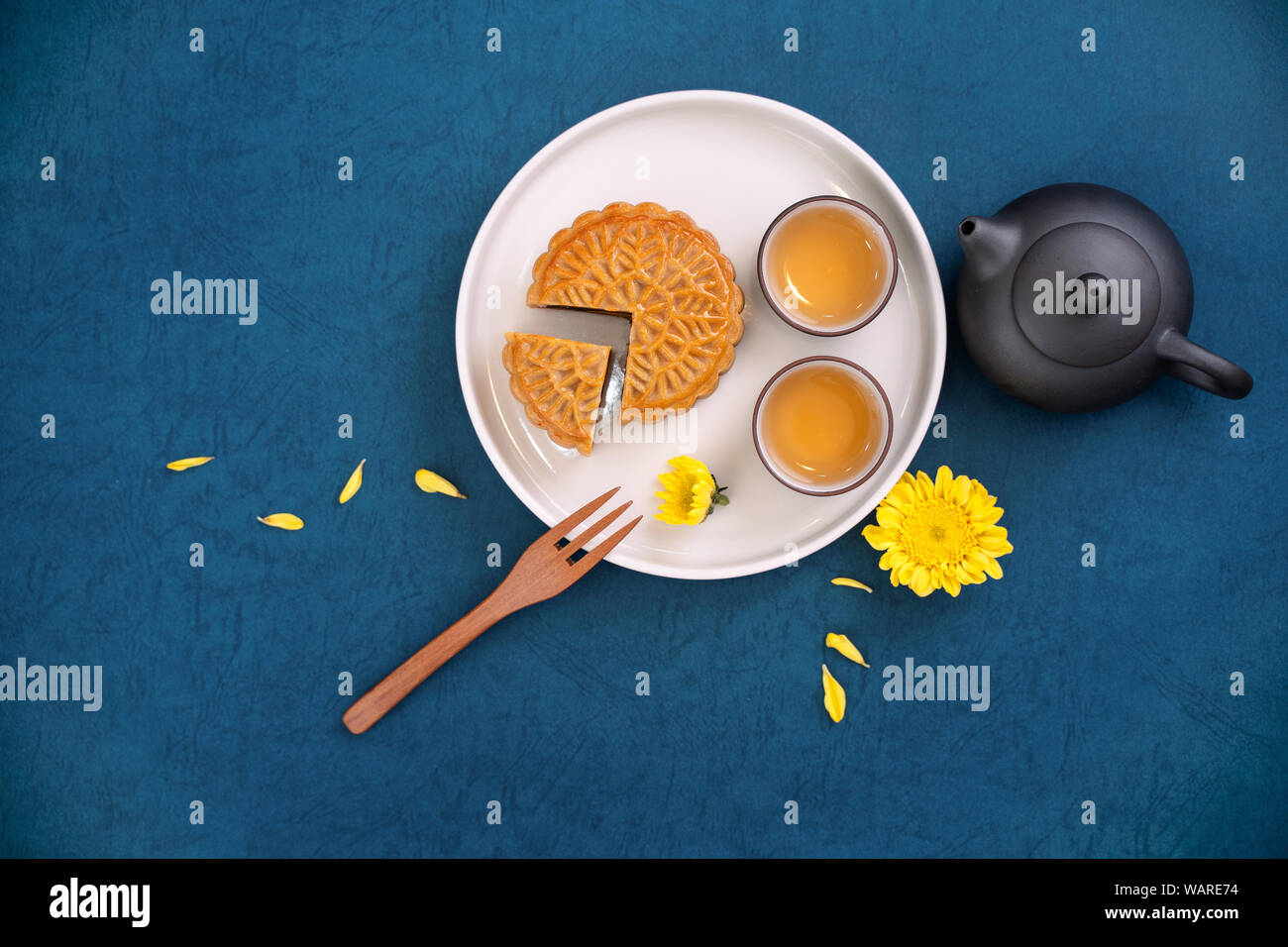 Minimal simplicity layout moon cakes on blue background for Mid-Autumn ...