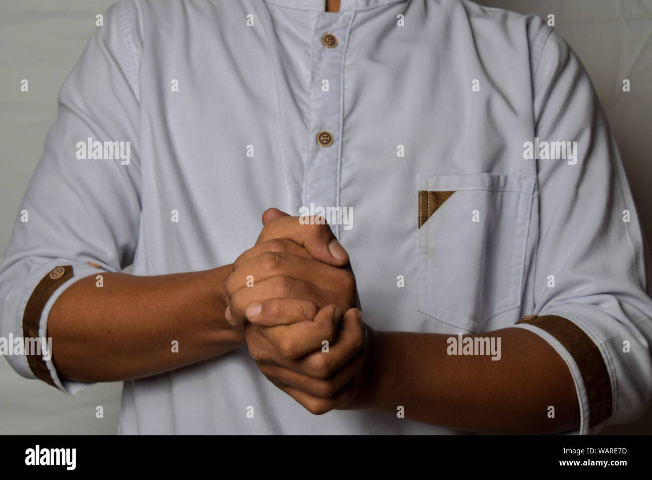 Close up Asian man shows hand gestures it means human emotion and ...