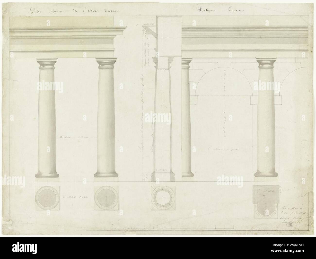Drawing, Elevation of Section of a Wall with Columns and Arch at Right ...