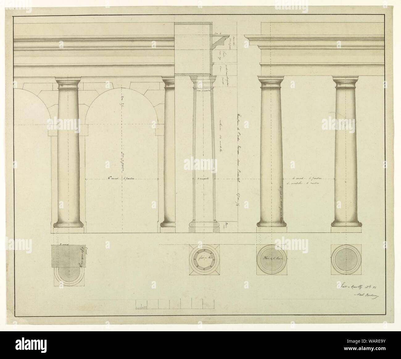 Drawing, Elevation of Section of a Wall with Columns and Arch at Left ...