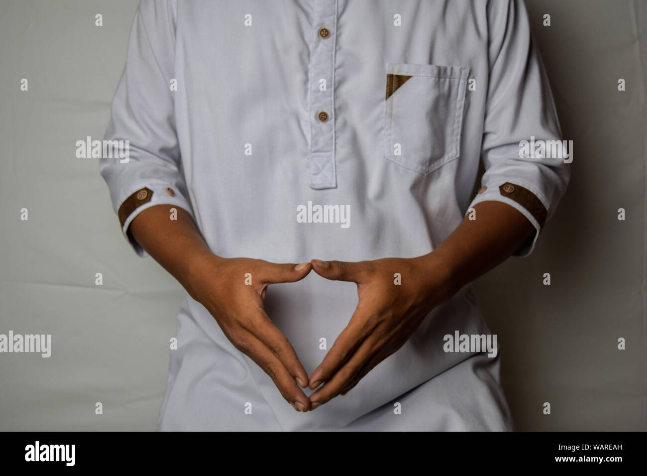 Close up Asian man shows hand gestures it means human emotion and ...