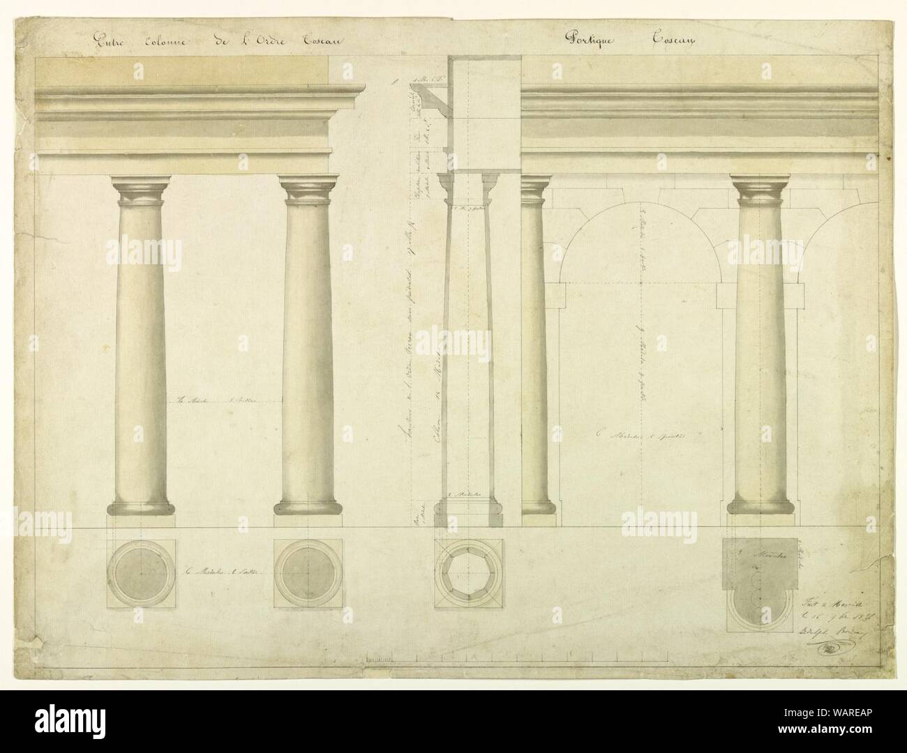 Drawing, Elevation of Section of a Wall with Columns and Arch at Right ...