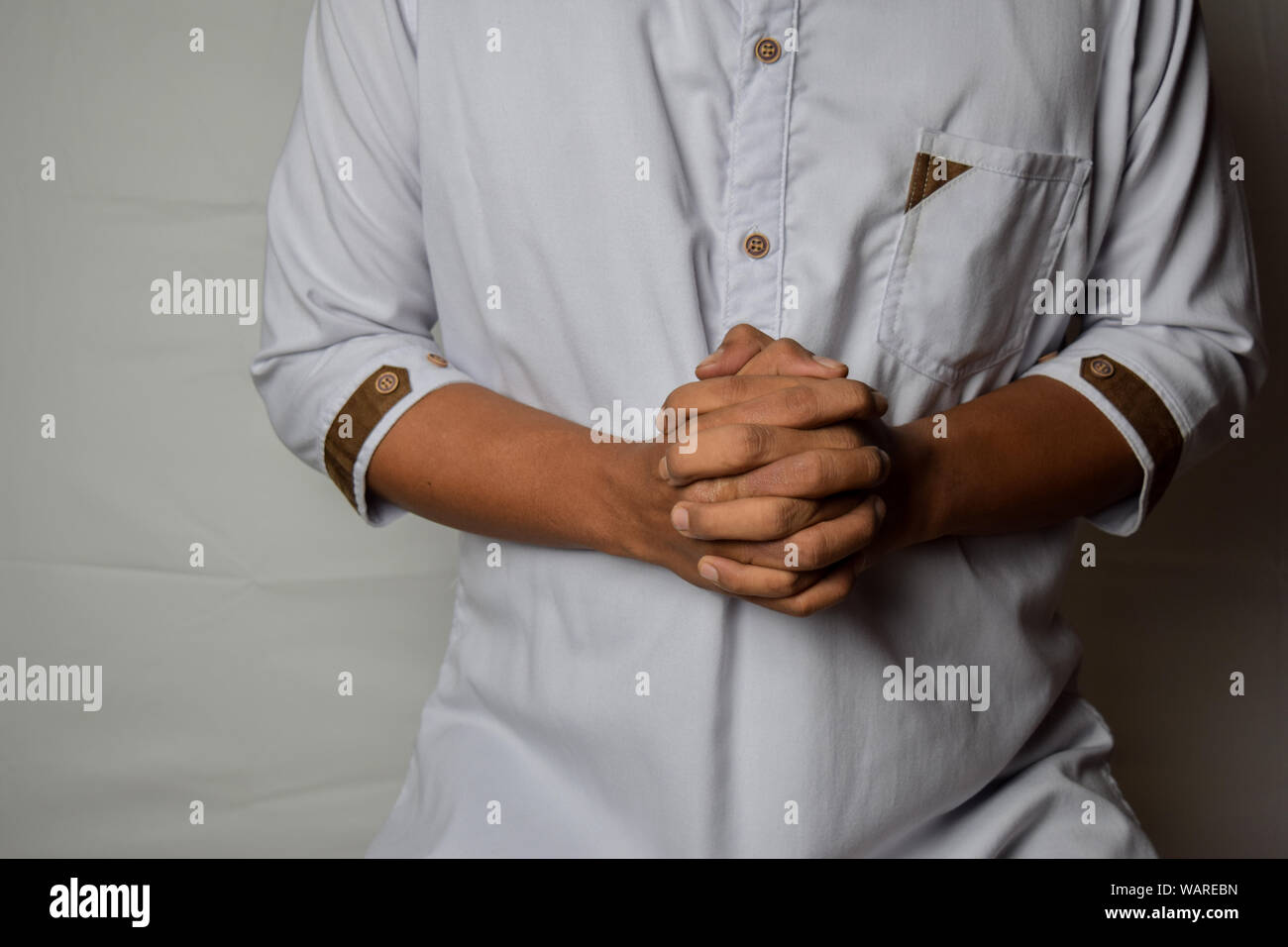 Close up Asian man shows hand gestures it means human emotion and ...