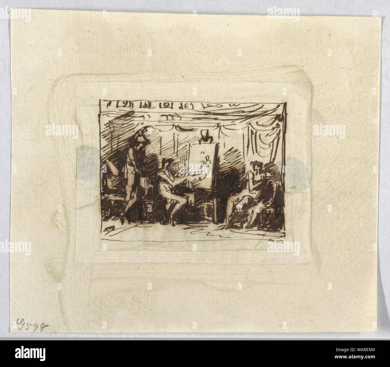 Drawing, Figural Scene with Artist Drawing Female Figure While Man ...